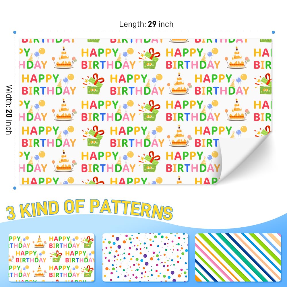 Isaspire Birthday Wrapping Paper Folder Set - 12 Sheets, 20x29 Inch Each, Adorned with Polka Dots, Stripes & 'Birthday' Charms for Boys, Girls, Women, Men, Ideal Gift Wrap for Holiday Birthday Party