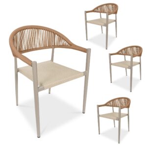 twt patio chairs set of 4 outdoor stackable dining chairs for all weather, breathable textilene garden outdoor furniture for backyard deck, light brown