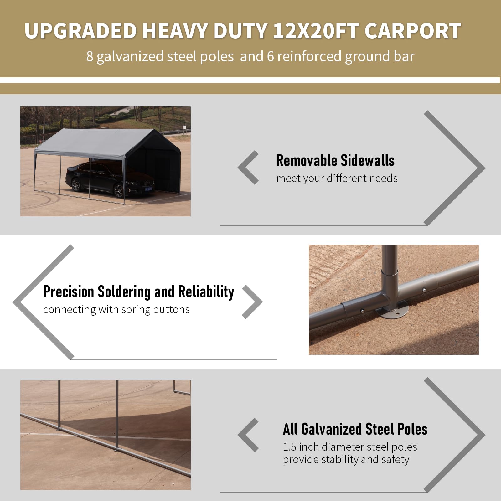 12x20ft Carport Heavy Duty, Upgraded Portable Garage with Reinforced Steel Poles, Large Car Canopy with Removable Sidewalls and Ventilated Windows, UV Resistant All-Season Tarp for Car, Truck, Boat