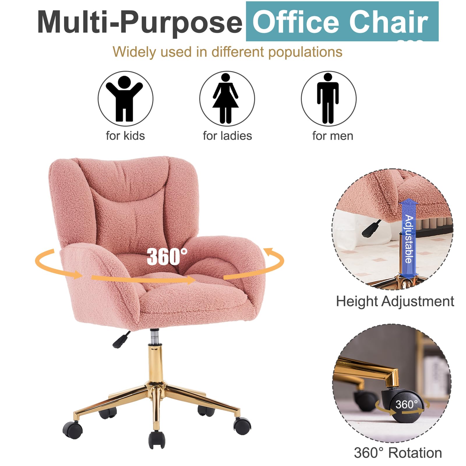 Anewome Swivel Office Desk Chair with Wheels Upholstered Sherpa Desk Modern Armchair Height Adjustable Computer Task Chair Boucle Makeup Vanity Desk with Gold Metal Frame, 38.2" H Pink