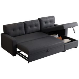 Acosure 82" Sectional Sleeper Sofa with Storage Chaise & Pull-Out Bed,L-Shape Convertible 3 Seater Couch W/Tufted Backrest,Reversible Sleeper for Living Room Apartment Office,Dark Gray