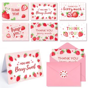 konsait strawberry thank you cards, 24 pack strawberry theme thank you cards with envelopes and stickers, 6 design thank you greeting cards for baby shower bridal shower wedding