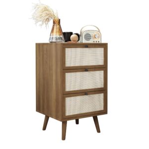 PHOYAL Rattan Nightstand Set of 2, End Table Rattan Bedside Table with Storage 3-Drawer Side Table with 3 Hand Made Rattan Decorated Drawers Wood Accent Table, Walnut 2 Pack