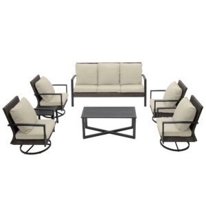 royalcraft 7pcs rattan patio conversation set with swivel chair and coffee table, all weather outdoor sofa with removable cushions & metal frame, rocking chairs for lawn garden backyard, beige