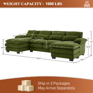 Nolohoo U Shape Sectional Sofa Cloud Couch for Living Room, 114" Comfy Chenille Modular Deep Seat Sofa, Modern 4 Seat Large Fluffy Couch with Lounge Chaise Ottoman Pillows, Emerald Green