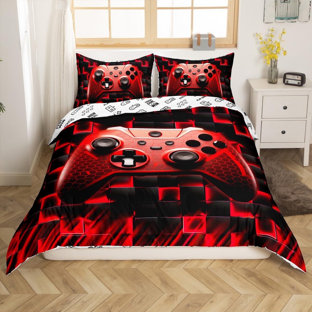 Geometric Gamepad Kids Duvet Cover Set Queen Size,Honeycomb Squares Grids Ombre Gamers Bedding Set,Boys Men Room Decor,Gaming Videogame Controller Comforter Cover,Red Quilt Cover,2 Pillowcases