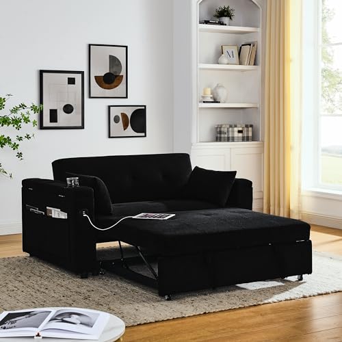 3 in 1 Convertible Sleeper Sofa Chair Bed, 54" Modern Chenille Futon Loveseat Pull Out Couch Bed with Cupholders and Hidden Storage Box , 2 Seater Love Seat Chaise Lounge Daybed for Living Room Office