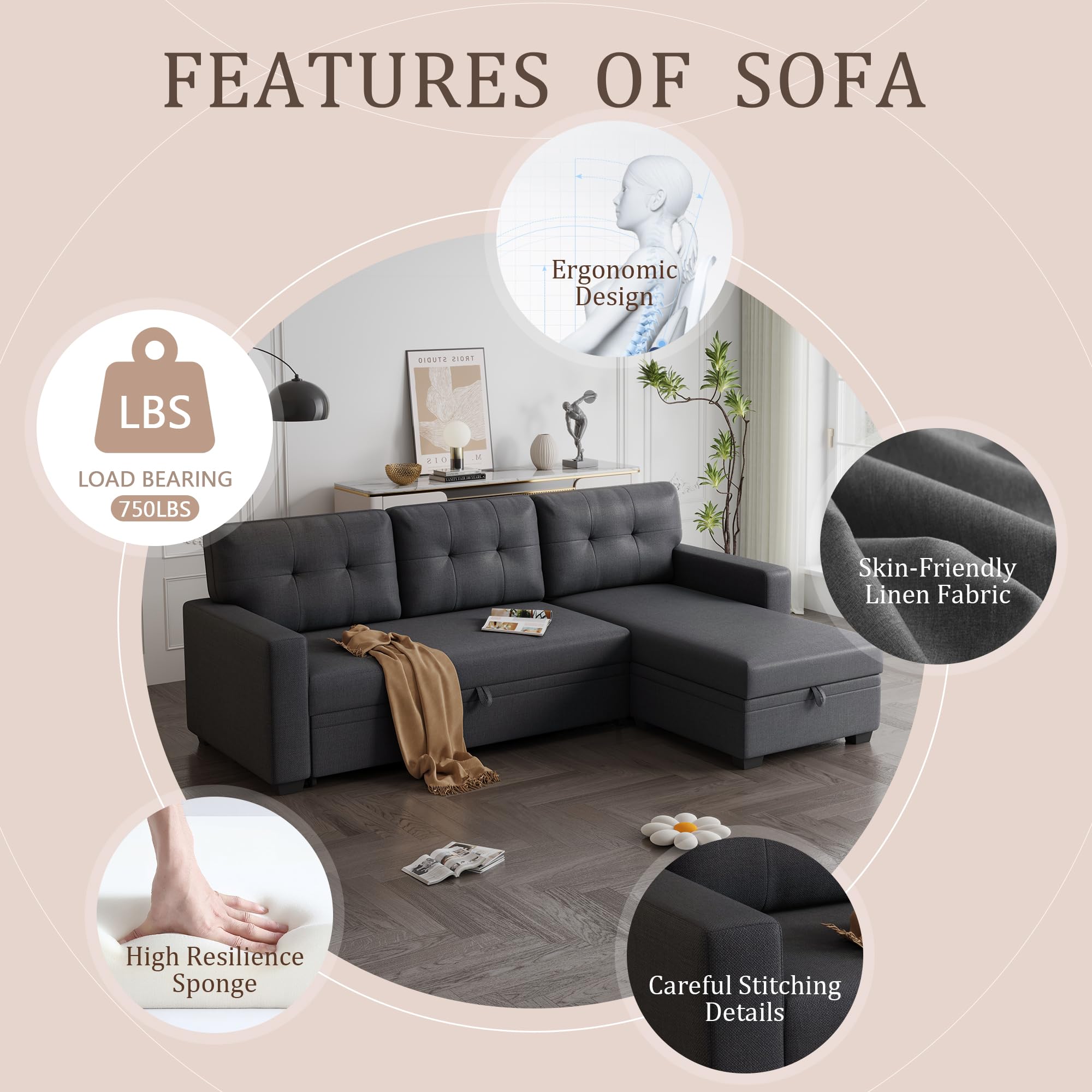 Acosure 82" Sectional Sleeper Sofa with Storage Chaise & Pull-Out Bed,L-Shape Convertible 3 Seater Couch W/Tufted Backrest,Reversible Sleeper for Living Room Apartment Office,Dark Gray