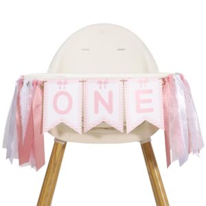 pink bow one high chair banner - one high chair bow banner,pink bow birthday decoration,pink ribbon girl 1st birthday