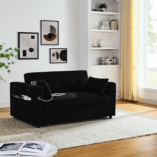 3 in 1 Convertible Sleeper Sofa Chair Bed, 54" Modern Chenille Futon Loveseat Pull Out Couch Bed with Cupholders and Hidden Storage Box , 2 Seater Love Seat Chaise Lounge Daybed for Living Room Office