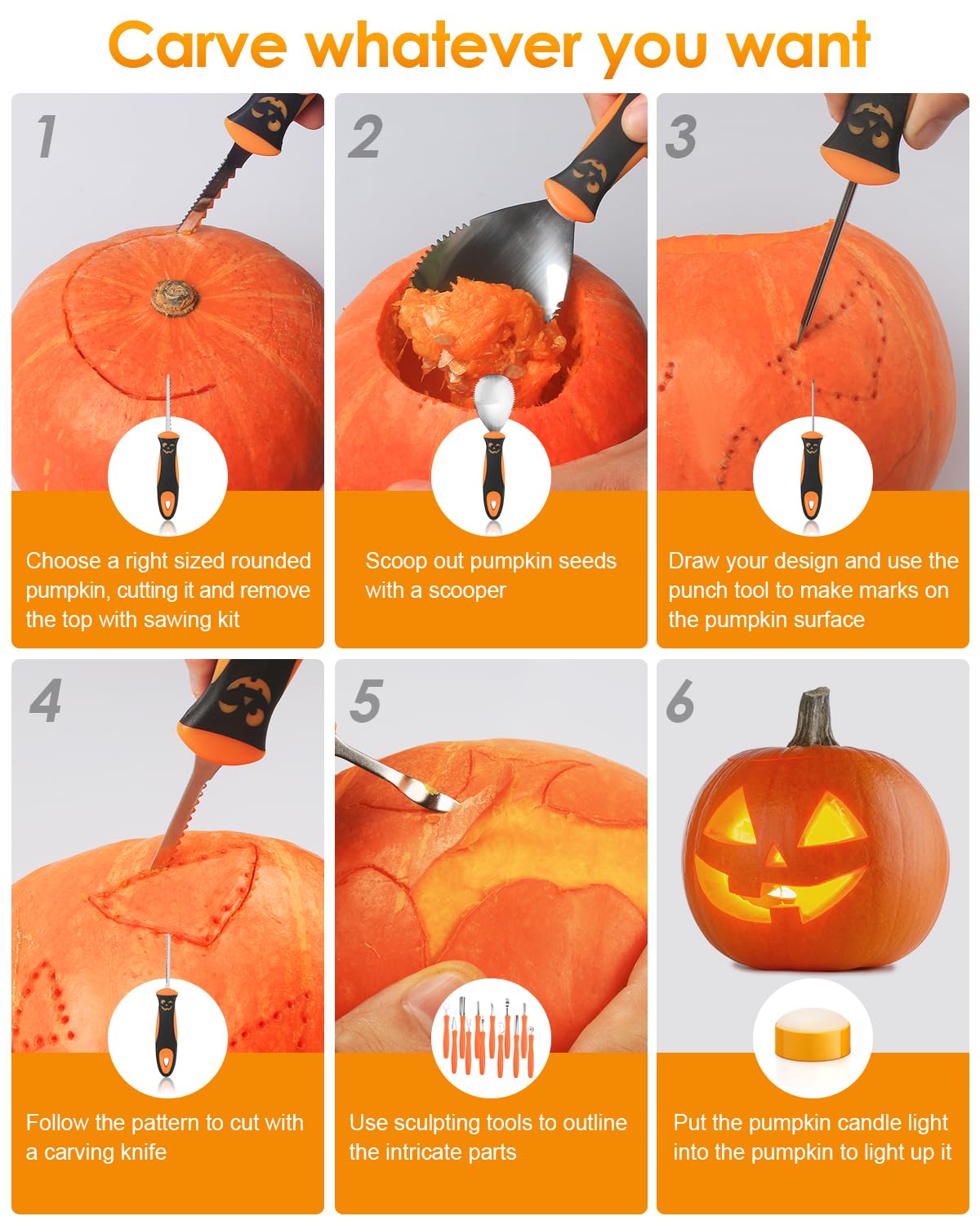 Luditek Pumpkin Carving Kit, 17 PCS Professional Stainless Steel Pumpkin Carving Tools with 3 Electronic Candles Lights and 10 Stencils, Jack-O-Lanterns Cutting Halloween Gifts for Adults