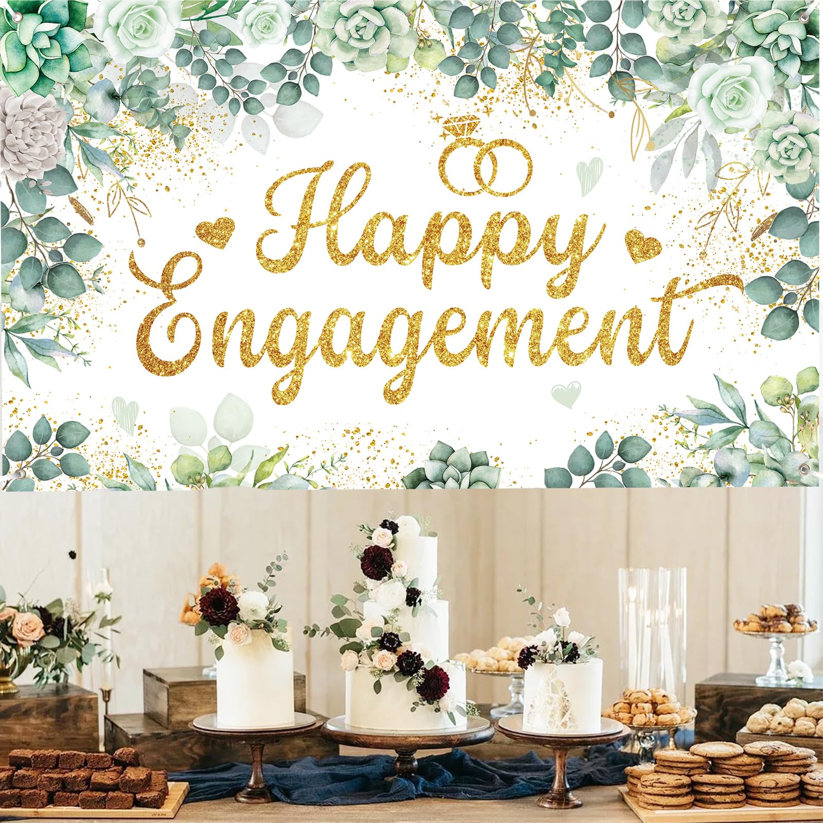 Eucalyptus Engagement Party Decoration, Green Happy Engagement Banner Sage Green Just Engaged Banner Green Engagement Backdrop Just Married Decorations Kit for Couple Engagement Party Bridal Shower