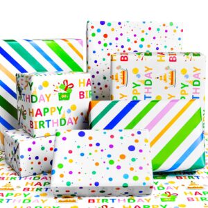 isaspire birthday wrapping paper folder set - 12 sheets, 20x29 inch each, adorned with polka dots, stripes & 'birthday' charms for boys, girls, women, men, ideal gift wrap for holiday birthday party