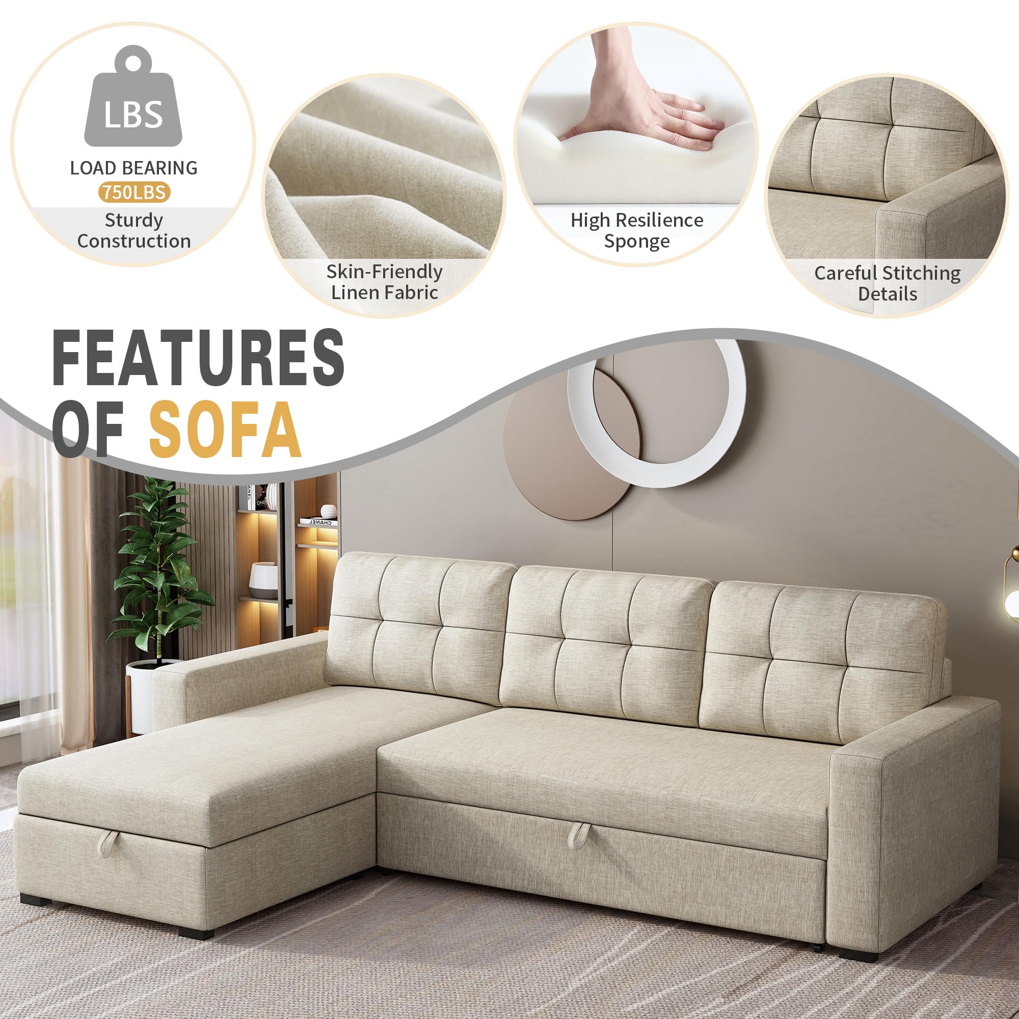 Acosure L-Shape Upholstered Sectional Sofa with Storage Chaise & Pull,Convertible Couch W/ 3 Back Cushions,Reversible Sleeper for Living Room Office Apartment,Beige