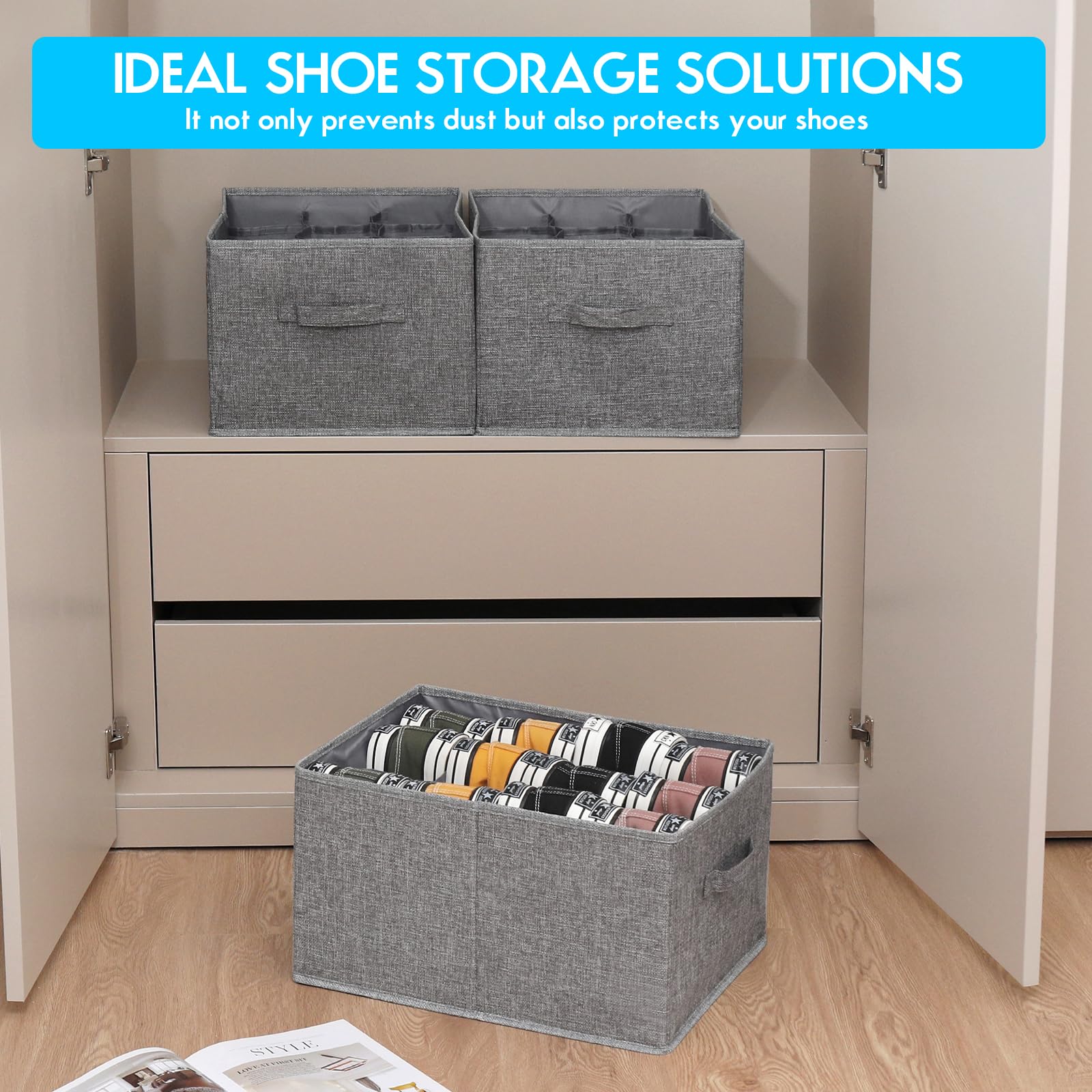 YWPXSN 3 Pack Shoe Organizer for Closet - Fits up to 36 Pairs, Fabric Shoe Storage Bins, Cube Storage Cabinet Foldable Shoes Container with Reinforced Handles (Dark Grey, 16.5"x12.6"x9.5")