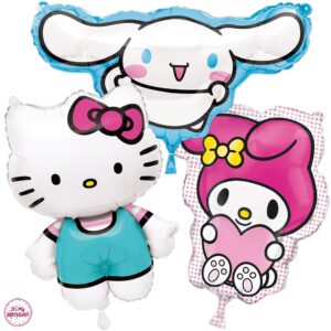 large hello kitty balloons | 3 pack | sticker | hello kitty birthday decorations and party supplies | 25" hello kitty, 28.75" cinnamoroll, 22.75" my melody