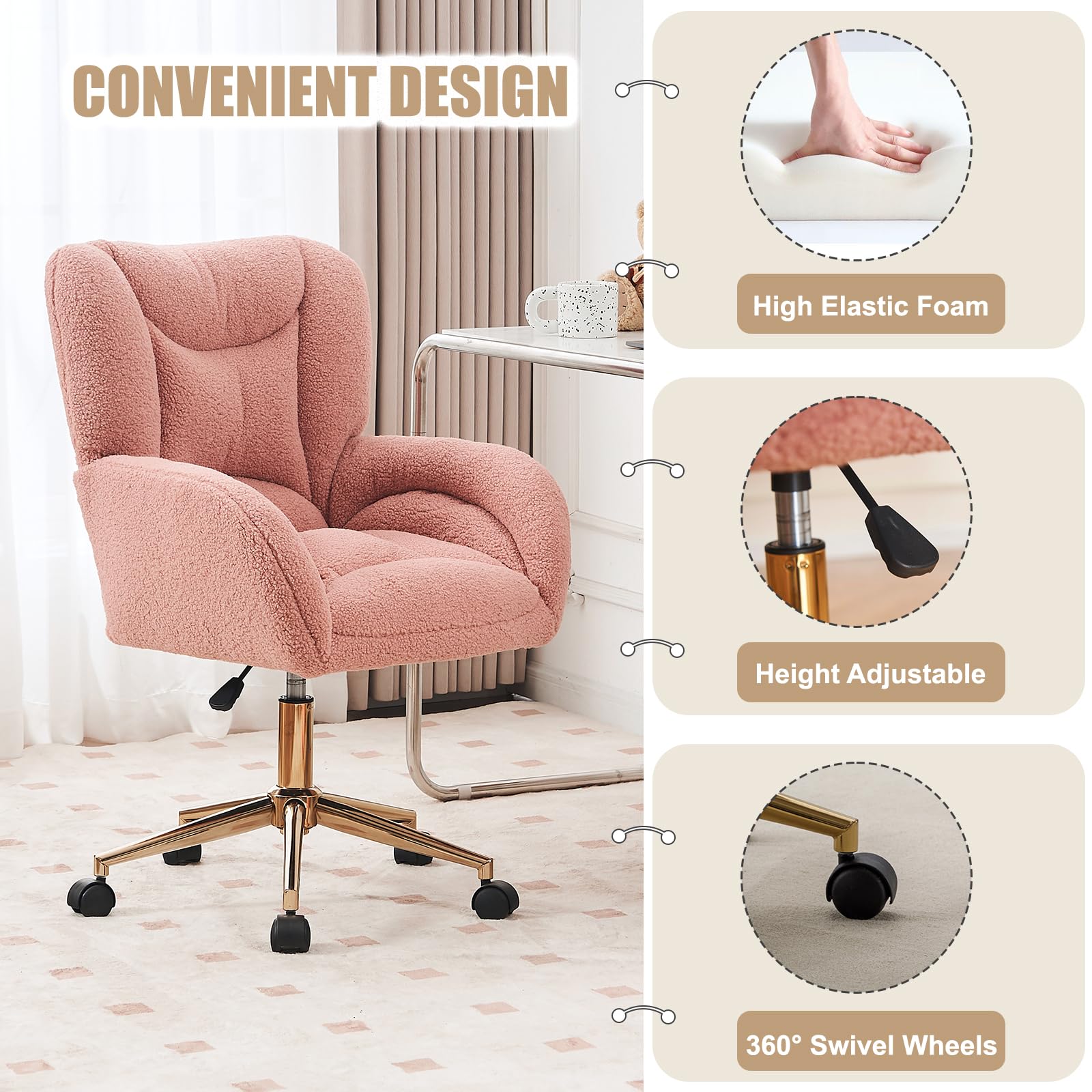 Anewome Swivel Office Desk Chair with Wheels Upholstered Sherpa Desk Modern Armchair Height Adjustable Computer Task Chair Boucle Makeup Vanity Desk with Gold Metal Frame, 38.2" H Pink