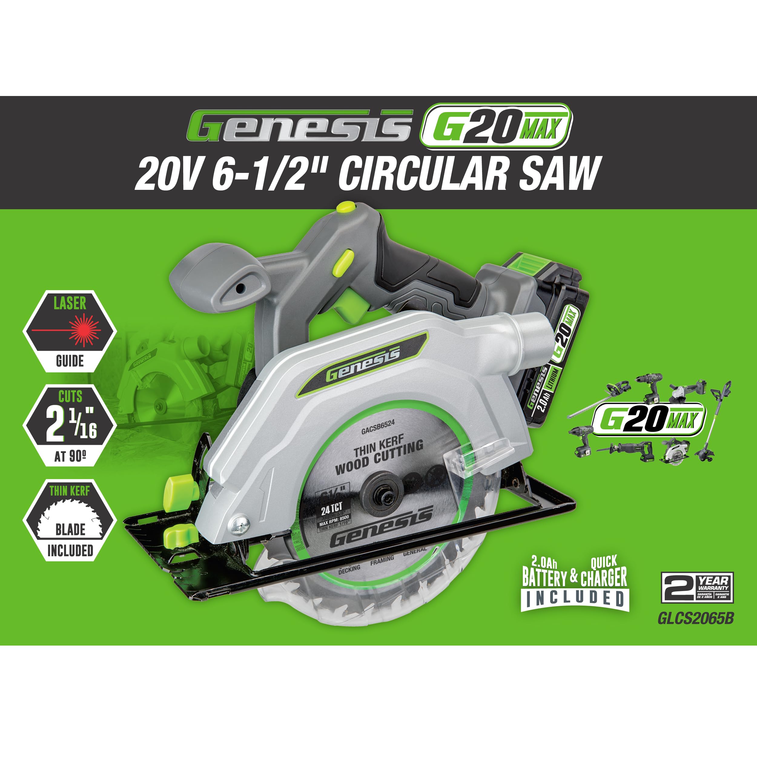 Genesis G20MAX 20V Cordless Circular Saw 6-1/2 inch with Laser & LED Light, Includes 24TCT thin-kerf blade, 2.0Ah Battery and Charger, 2 Year Warranty (GLCS2065B)