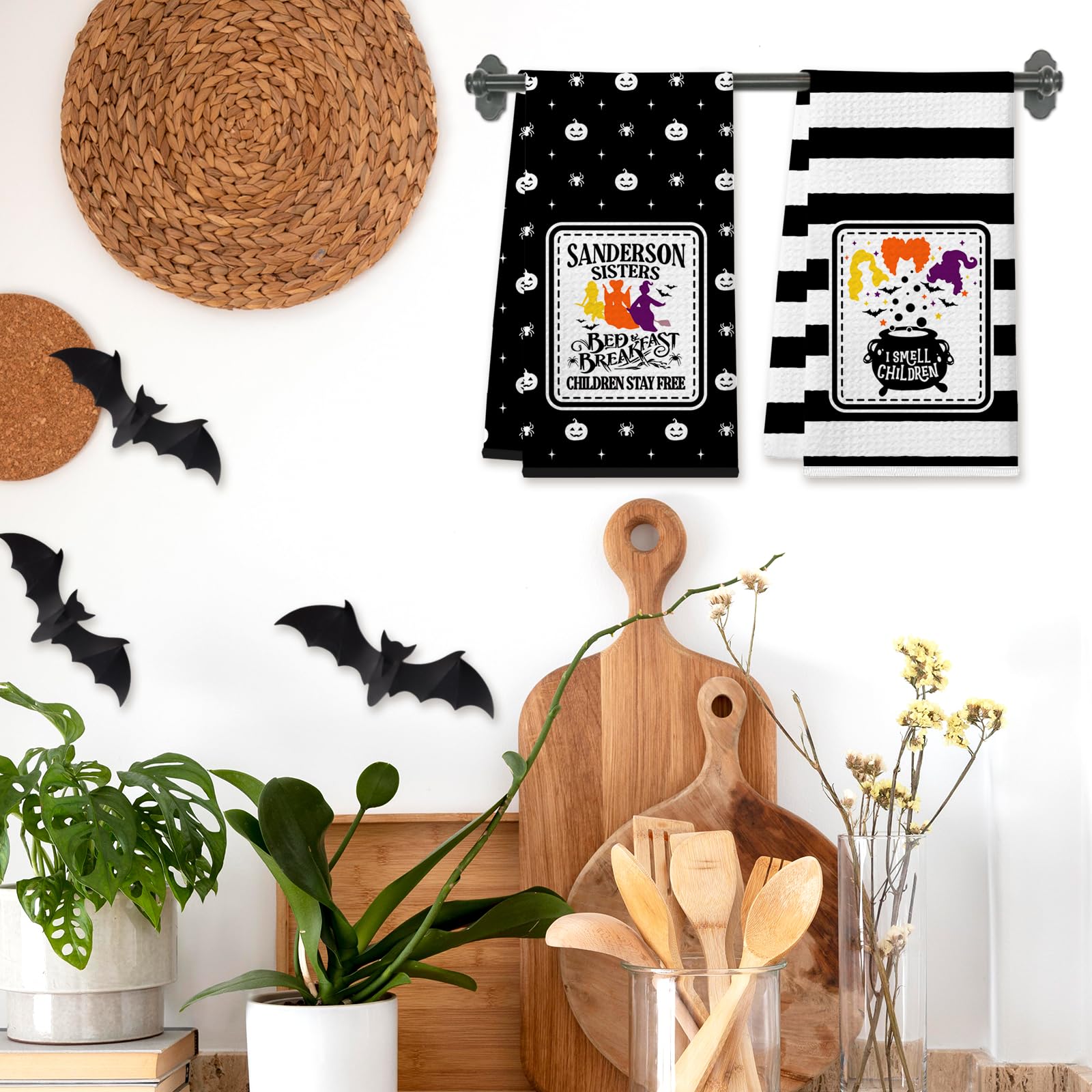 Hocus Pocus Decor, 2 Pack Halloween Kitchen Towels, Halloween Kitchen Bathroom Decorations, Hocus Pocus Merchandise Gifts, Funny Halloween Hand Towels Dish Cloths - I Smell Children