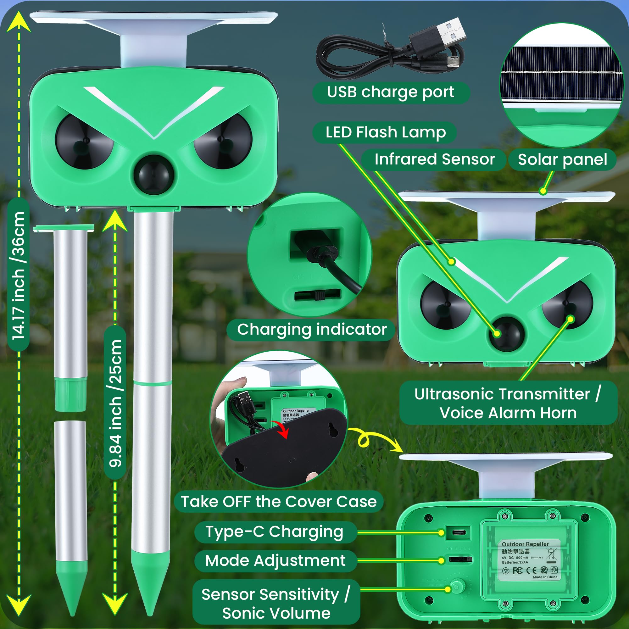 2 Pack Ultrasonic Cat Repellent Outdoor, Solar USB Powered Animal Repeller Ultrasonic Deer Deterrent Devices with Motion Sensor Waterproof Pest Deterrent for Dog Skunk Squirrel Raccoon Coyote Rabbit