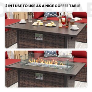 UDPATIO Patio Furniture Sets with Fire Pit Table, Modular Rattan Outdoor Conversation Patio Sectional Furniture Sofa Set for Backyard, Deck w/Coffee Table, 8PC Brown/Red (Include Sofa Cover)