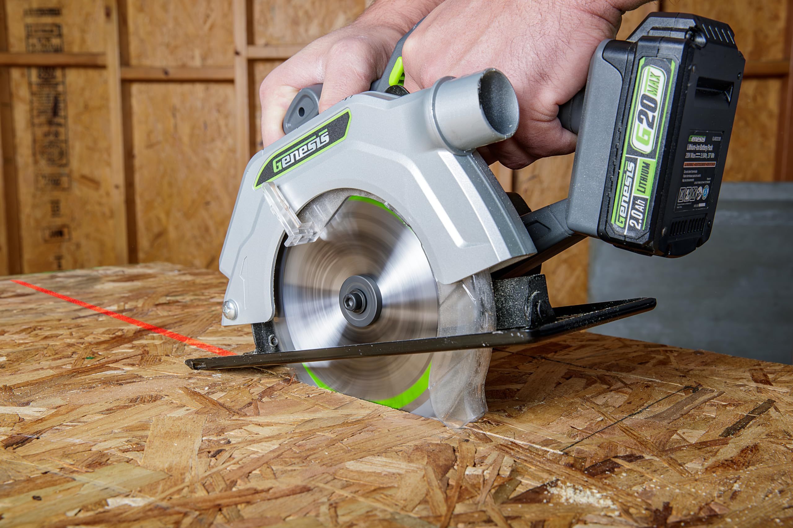 Genesis G20MAX 20V Cordless Circular Saw 6-1/2 inch with Laser & LED Light, Includes 24TCT thin-kerf blade, 2.0Ah Battery and Charger, 2 Year Warranty (GLCS2065B)