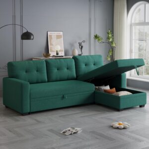 acosure 82" sectional sleeper sofa with storage chaise & pull-out bed,l-shape convertible 3 seater couch w/tufted backrest,reversible sleeper for living room apartment office,green