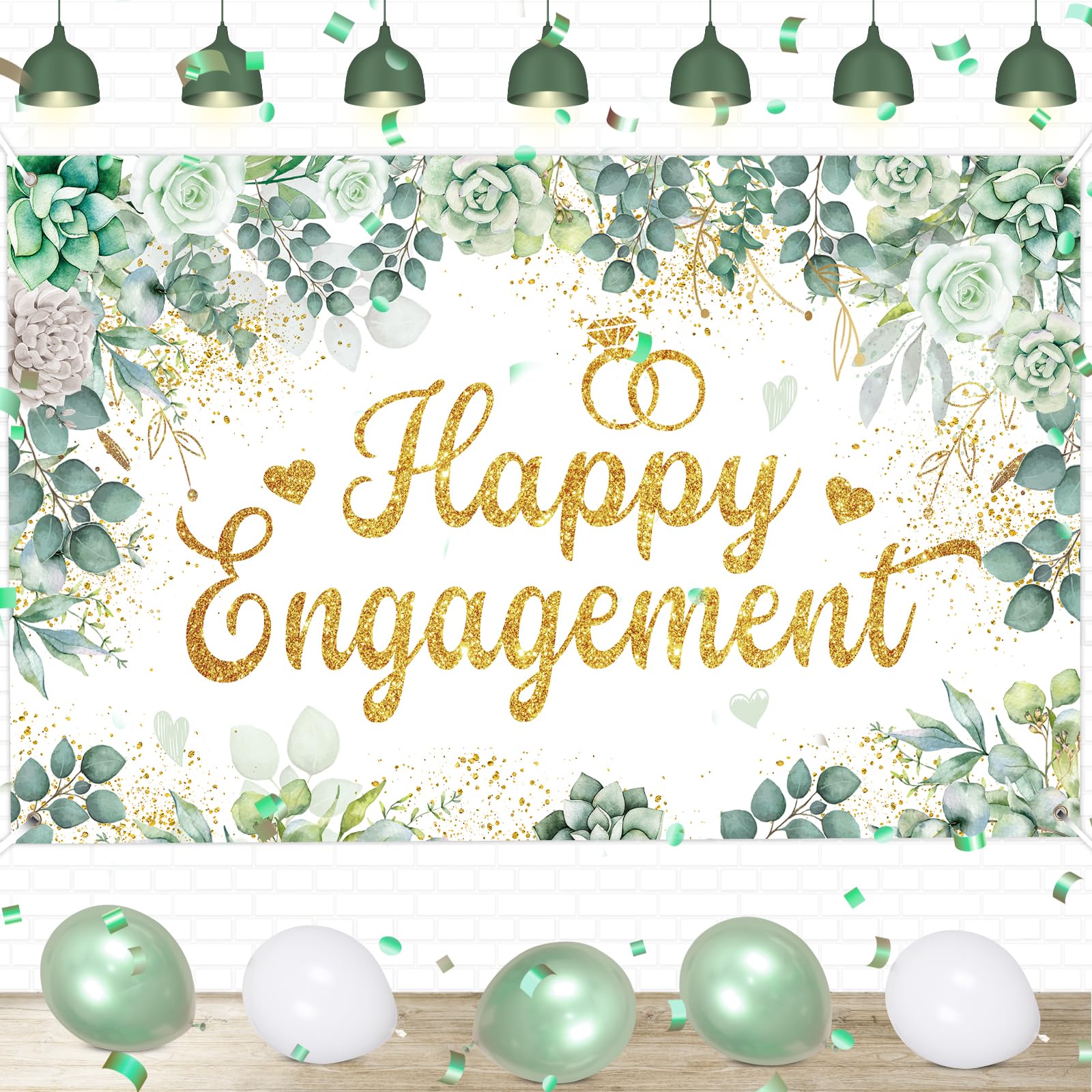 Eucalyptus Engagement Party Decoration, Green Happy Engagement Banner Sage Green Just Engaged Banner Green Engagement Backdrop Just Married Decorations Kit for Couple Engagement Party Bridal Shower