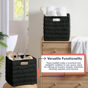 Ornavo Home Wicker Storage Cubes Bin, 9 Inch Storage Shelf Basket Collapsible Natural Hand Woven Paper Storage Cube Bin with Handles - Set of 2, Black