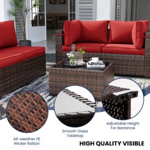 UDPATIO Patio Furniture Sets with Fire Pit Table, Modular Rattan Outdoor Conversation Patio Sectional Furniture Sofa Set for Backyard, Deck w/Coffee Table, 8PC Brown/Red (Include Sofa Cover)