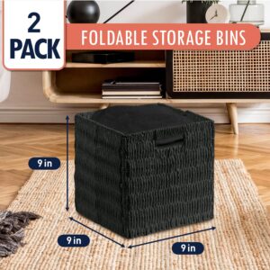 Ornavo Home Wicker Storage Cubes Bin, 9 Inch Storage Shelf Basket Collapsible Natural Hand Woven Paper Storage Cube Bin with Handles - Set of 2, Black