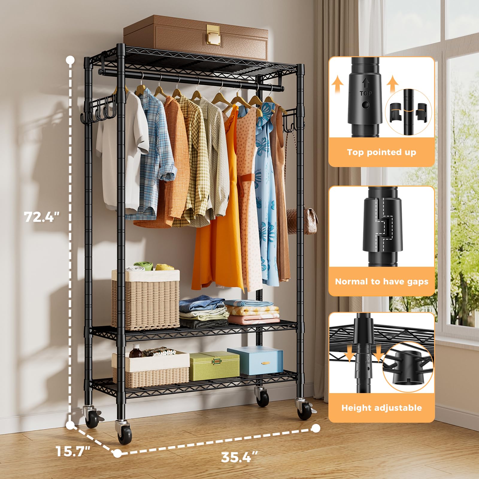 TONNSO T03-P Rolling Garment Rack Heavy Duty Clothes Rack for Hanging Clothes, Portable Closet Wardrobe with Wheels and Side Hooks, Adjustable Freestanding Metal Clothing Rack with Shelves, Black