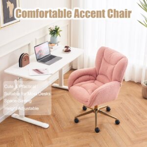 Anewome Swivel Office Desk Chair with Wheels Upholstered Sherpa Desk Modern Armchair Height Adjustable Computer Task Chair Boucle Makeup Vanity Desk with Gold Metal Frame, 38.2" H Pink