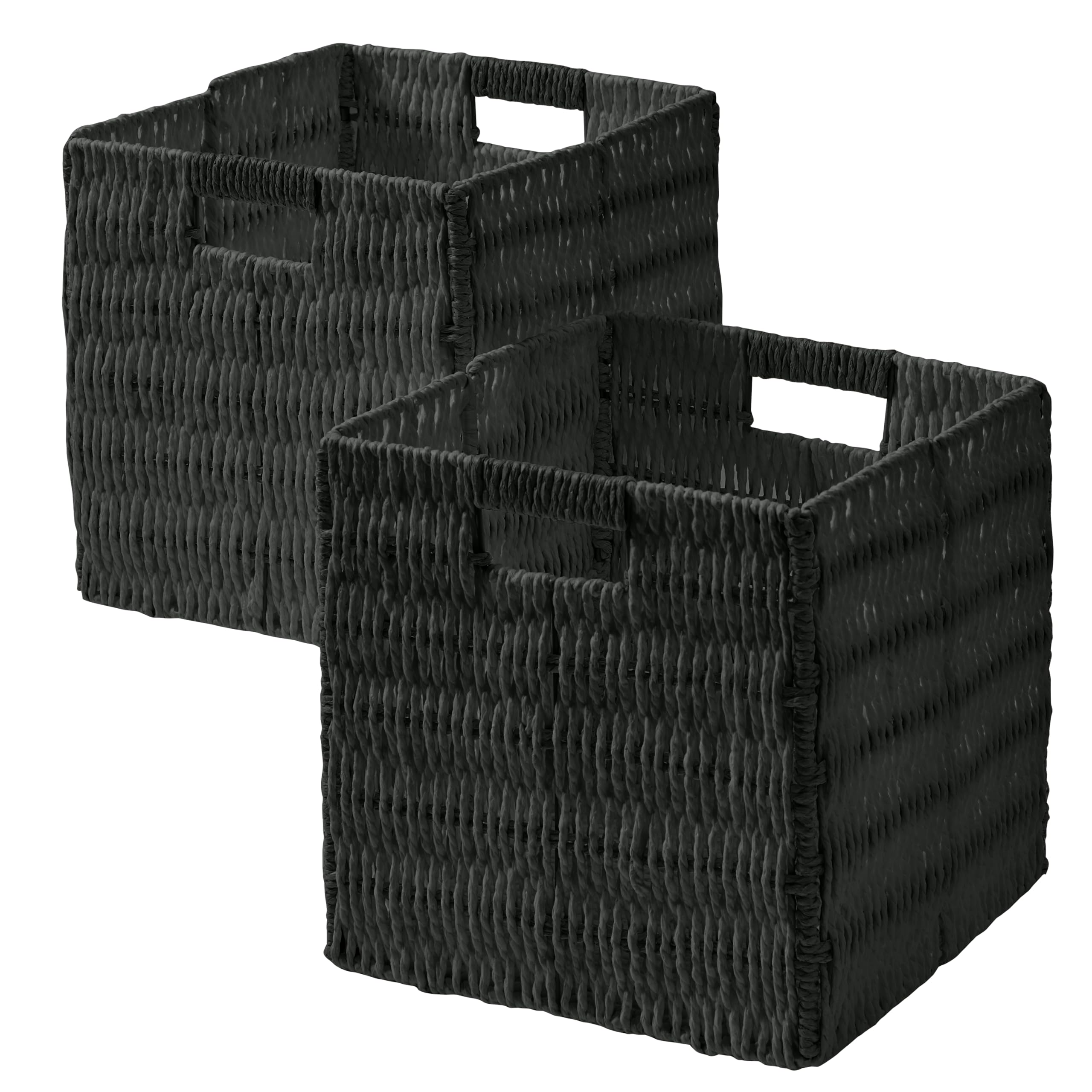 Ornavo Home Wicker Storage Cubes Bin, 9 Inch Storage Shelf Basket Collapsible Natural Hand Woven Paper Storage Cube Bin with Handles - Set of 2, Black