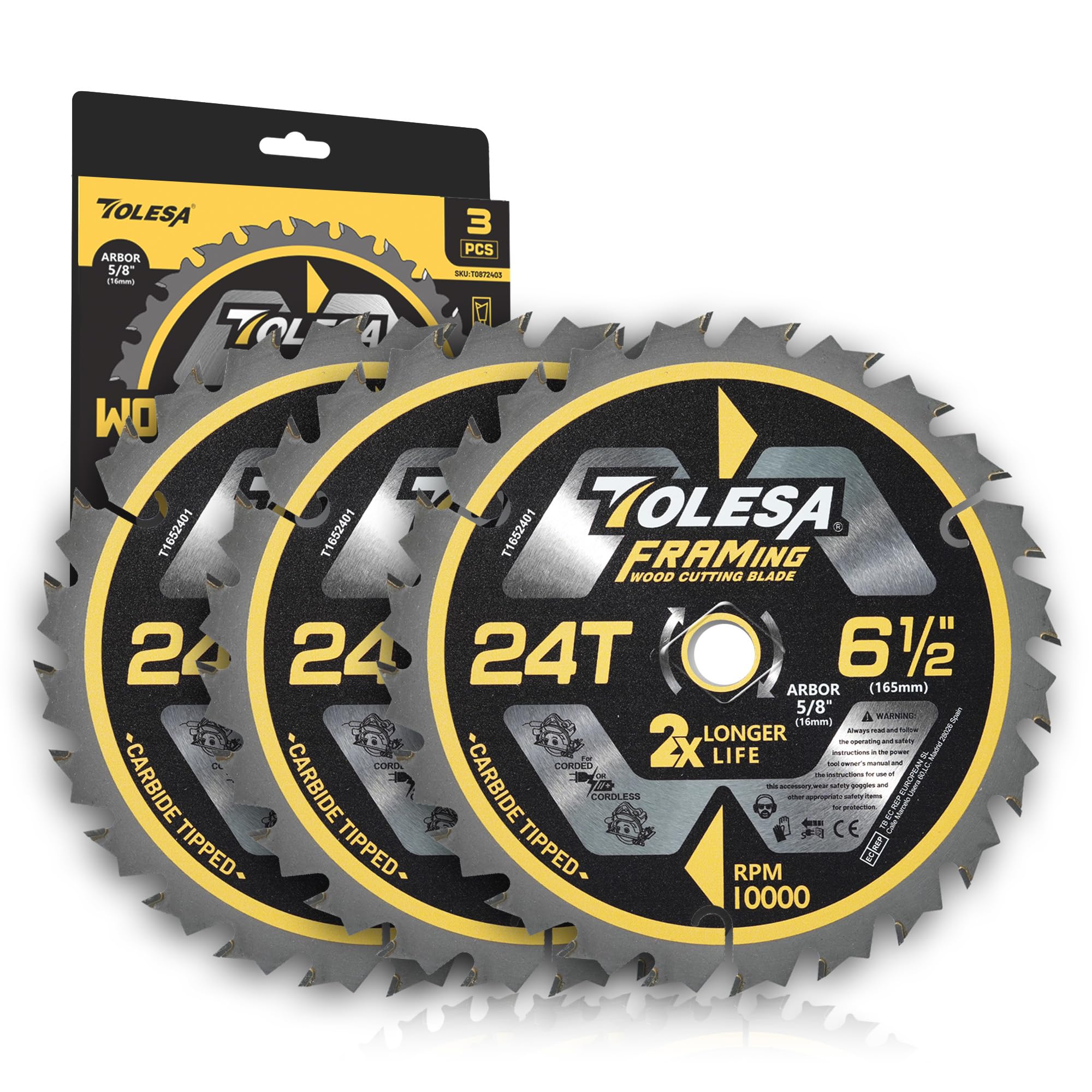 TOLESA 6 1/2 Circular Saw Blade 24 Teeth with 5/8" Arbor, ATB Carbide Teeth, Wood Cutting Framing Saw Blades for Miter Saw & Table Saw, Super Thin Kerf for Cutting Wood, Plywood, MDF, OSB (3 Pack)