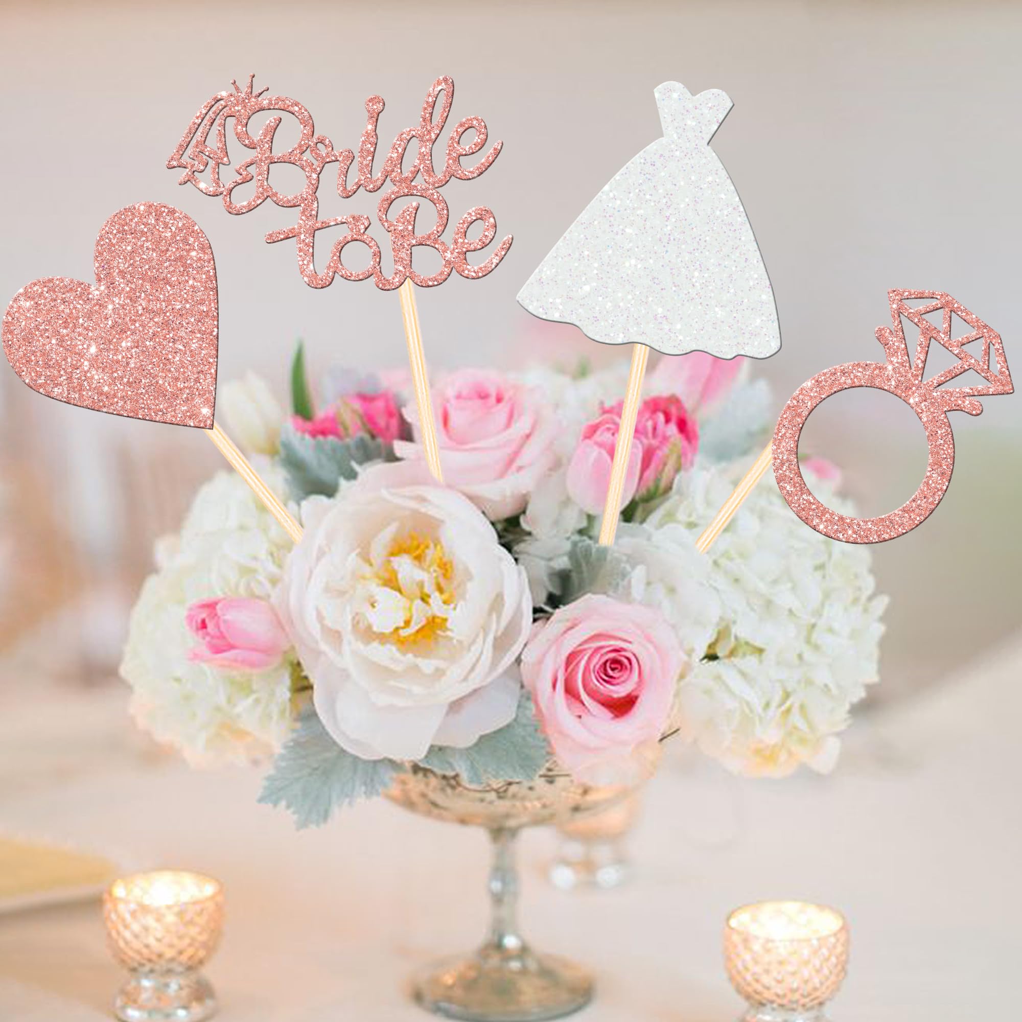 12 PCS Bride to Be Centerpiece Sticks Double Sided Glitter Heart Ring Dress Bridal Shower Table Flower Centerpieces for Wedding Engagement Bachelorette Party Flower Decorations Supplies Rose Gold