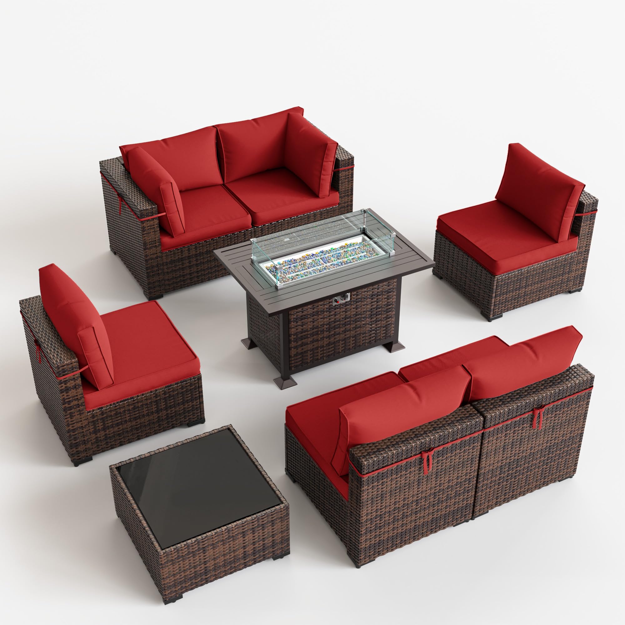 UDPATIO Patio Furniture Sets with Fire Pit Table, Modular Rattan Outdoor Conversation Patio Sectional Furniture Sofa Set for Backyard, Deck w/Coffee Table, 8PC Brown/Red (Include Sofa Cover)