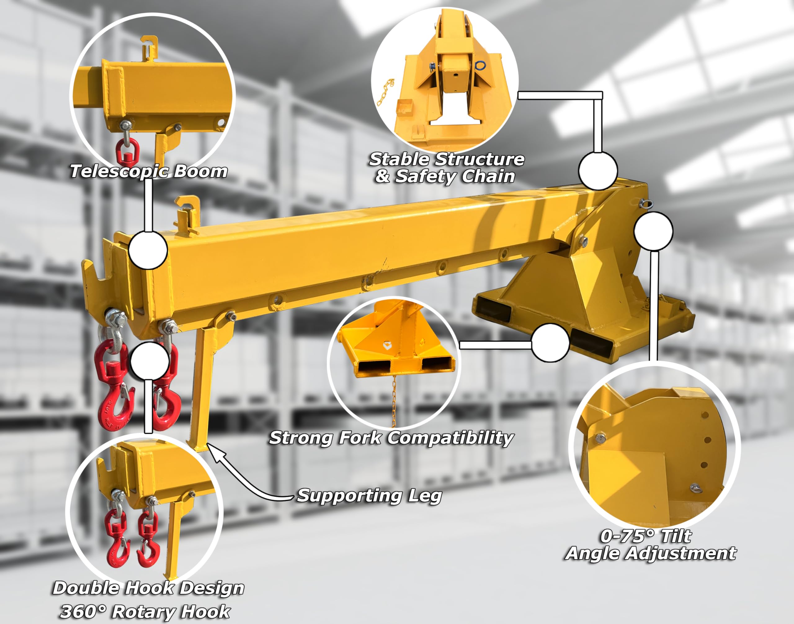 INTSUPERMAI Forklift Jib Boom Crane with 0-75° Adjustable Tilt Angle, 2 Ton/4400 LB Forklift Mobile Crane, Adjustable Forklift Crane Attachment with Truss Hoist Jib Boom Hook, Max 12.14ft/3.7m Length