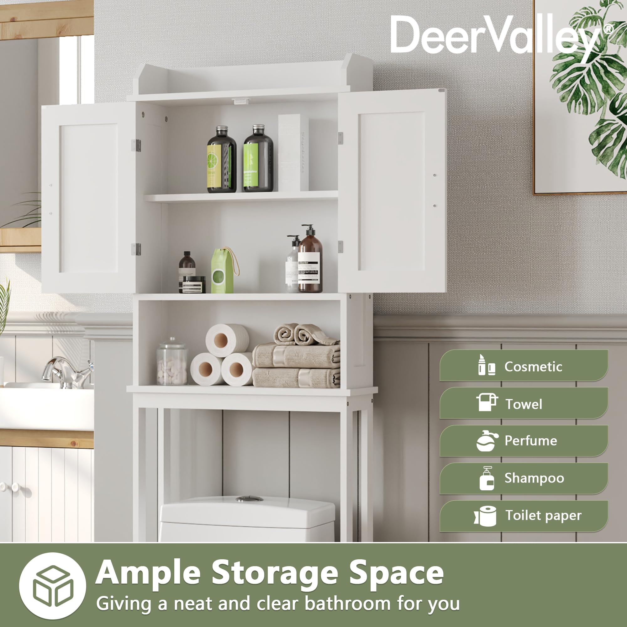 Deer Valley White Over The Toilet Storage Cabinet, Bathroom Storage Cabinet Organizer, Bathroom Shelf Over Toilet, DV-1BS0202