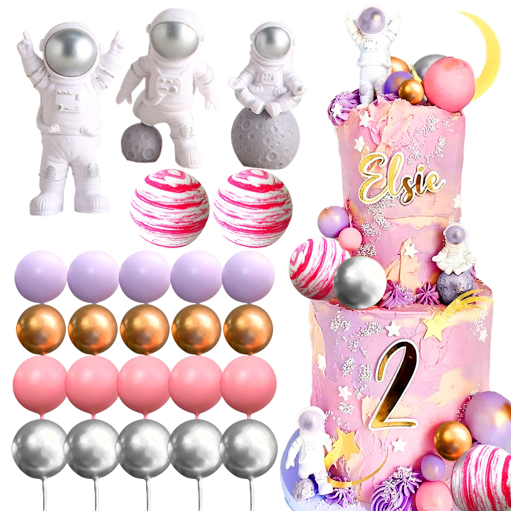 LaVenty Pink Space Cake Toppers Outer Space Astronaut Rocket Stars Cake Decorations for Birthday Party Supplies Baby Shower