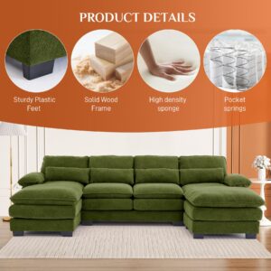 Nolohoo U Shape Sectional Sofa Cloud Couch for Living Room, 114" Comfy Chenille Modular Deep Seat Sofa, Modern 4 Seat Large Fluffy Couch with Lounge Chaise Ottoman Pillows, Emerald Green