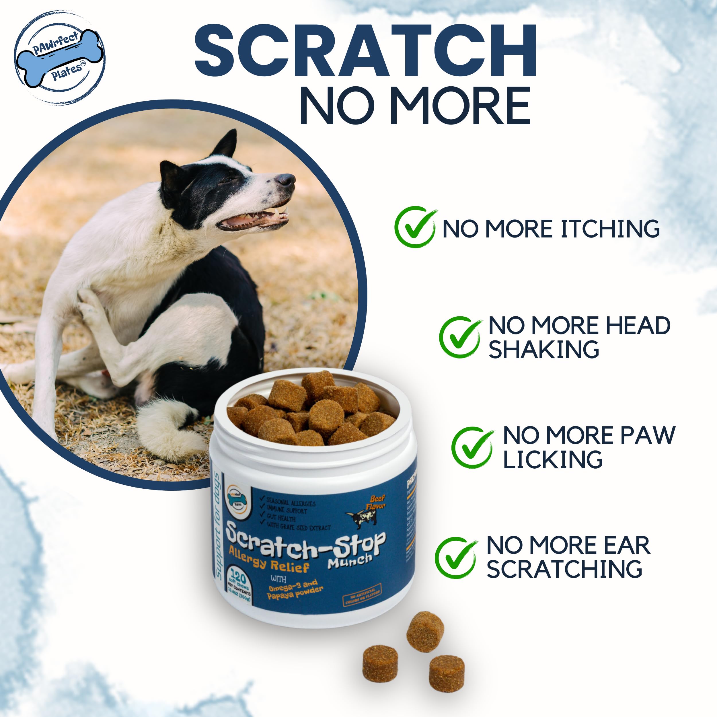 Scratch-Stop 120 Scratching Relief Chews for Dogs with Itchy Skin and Allergies, Essential Dog Allergy Relief and Vitamins Supplement for Immune Support, Omega-3, and Gut Health, Seasonal Allergies