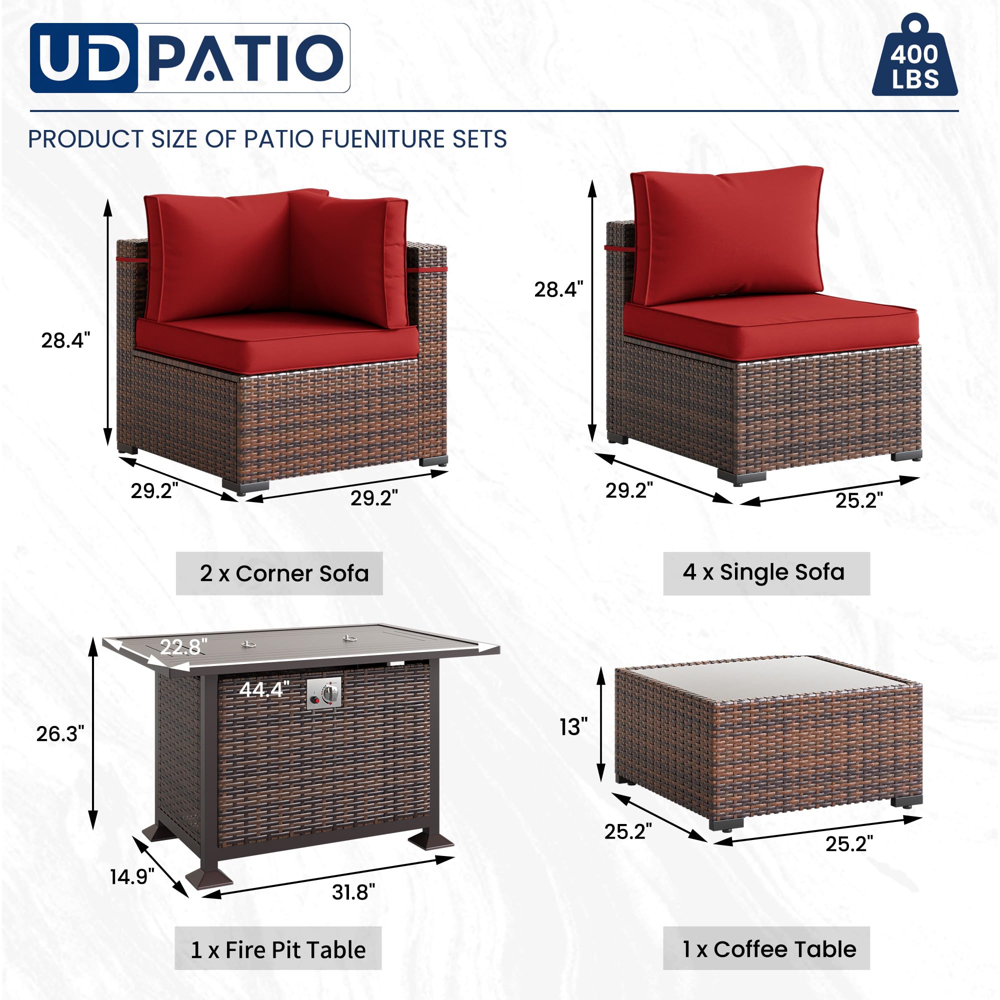 UDPATIO Patio Furniture Sets with Fire Pit Table, Modular Rattan Outdoor Conversation Patio Sectional Furniture Sofa Set for Backyard, Deck w/Coffee Table, 8PC Brown/Red (Include Sofa Cover)