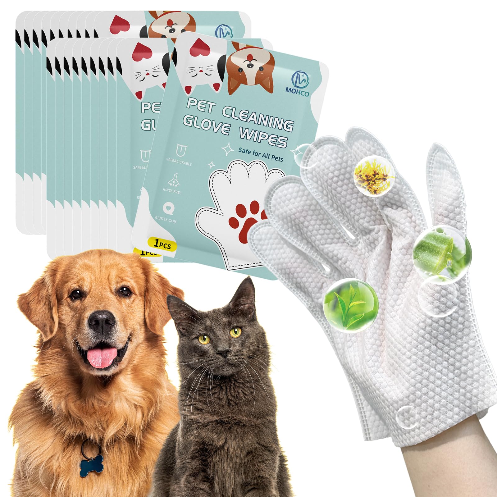 MOHCO 20 Pcs Pet Cleaning Glove Bathing Wipes for Dogs and Cats,No Rinse Cats Gloves Wipes,Pet Wipes for Paws, Butt, Face and Fur,Pet Bathing Gloves Wipes for Daily Care and Traveling