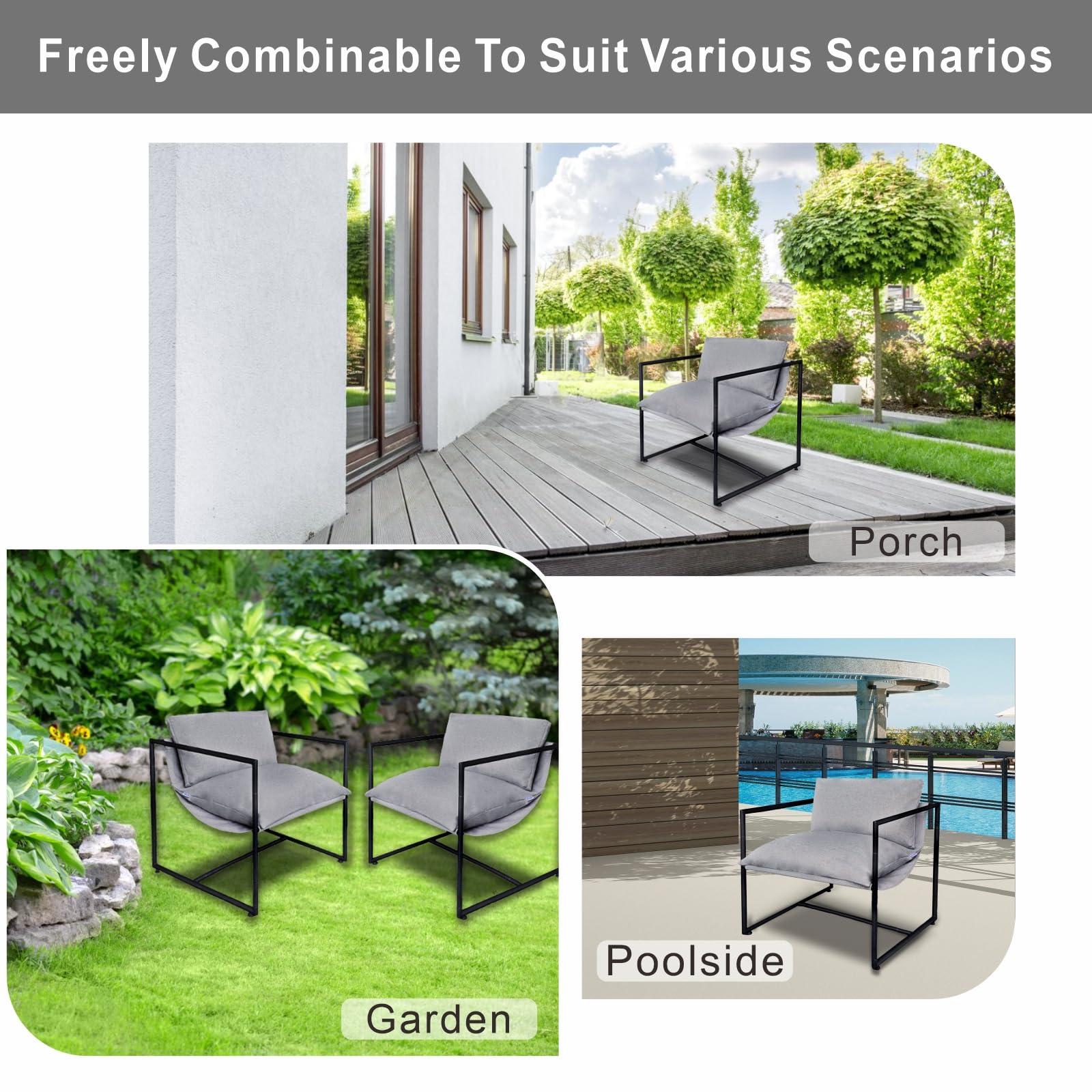 Patio Dining Chairs, Outdoor Patio Furniture Set Armchair with Chair Cushions Seatback All Weather Metal Patio Furniture Iron Frame for Patio Deck Garden Yard Balcony Living Room Porch Poolside