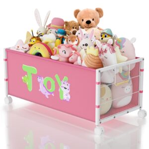 aijiameier 120l toy boxes for kids extra large, toy storage organizer with wheels & handle, 33.1” x 16.5” x 14.6” big toy chest storage for stuffed animals, living room area, playroom(pink, 1pc)