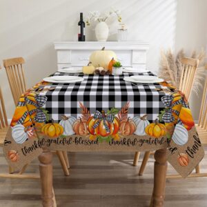 cusugbaso Thanksgiving Tablecloth 60x84 Inch Rectangle - Black Plaid Pumpkins Fall Decorations for Home - Water Resistant Harvest Fall Table Cloth Rectangle for Party, Dinning, Home