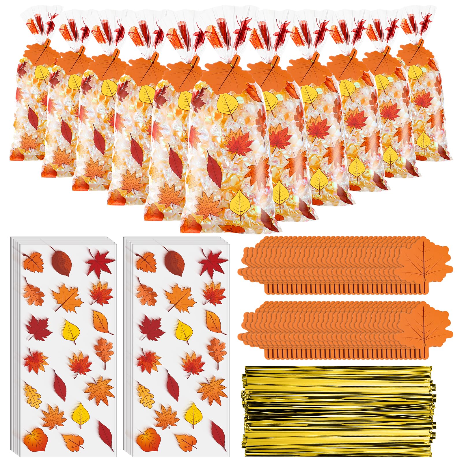 Gueevin 150 Set Fall Leaves Cellophane Treat Bags Goodie Candy Bag Bulk Cookie Bags Cello Bags with Twist Ties Gift Cards Party Favors Bags for Party Supplies