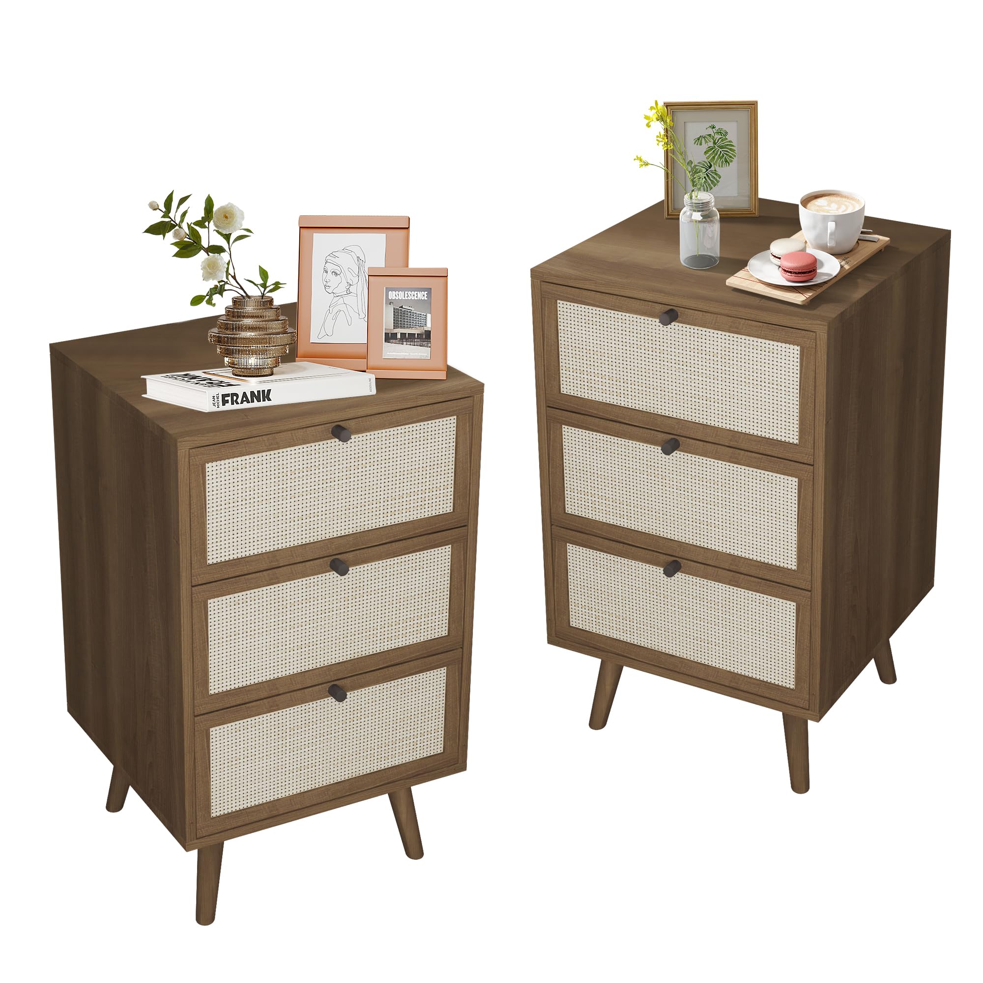 PHOYAL Rattan Nightstand Set of 2, End Table Rattan Bedside Table with Storage 3-Drawer Side Table with 3 Hand Made Rattan Decorated Drawers Wood Accent Table, Walnut 2 Pack