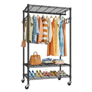 tonnso t03-p rolling garment rack heavy duty clothes rack for hanging clothes, portable closet wardrobe with wheels and side hooks, adjustable freestanding metal clothing rack with shelves, black